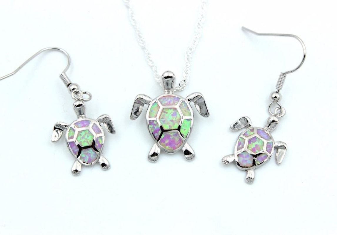 Fire Blue/White/Pink/Green Opal Turtle Pendant & Necklace with Matching ...